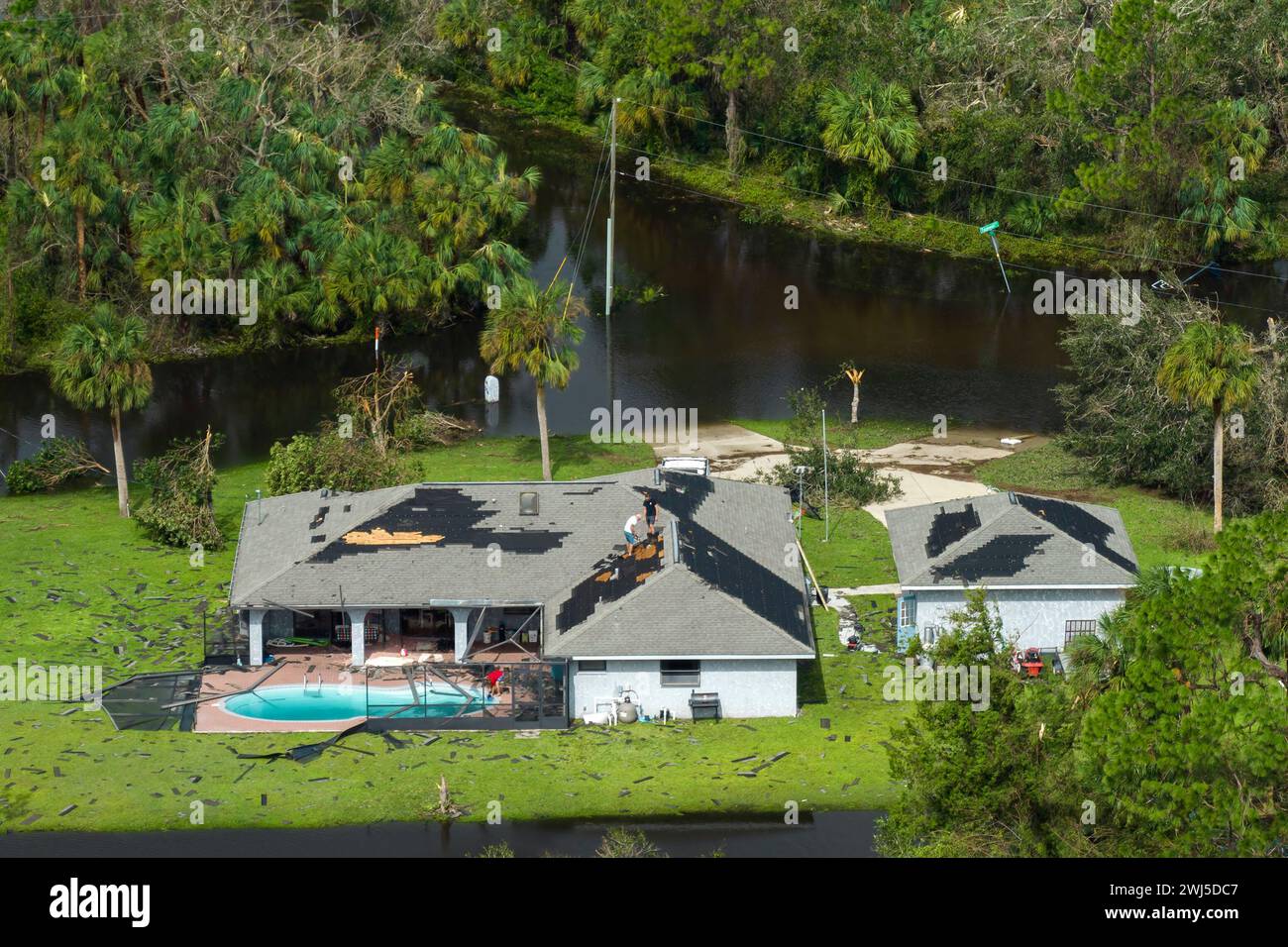Destroyed house roof by hurricane Ian strong winds in Florida ...