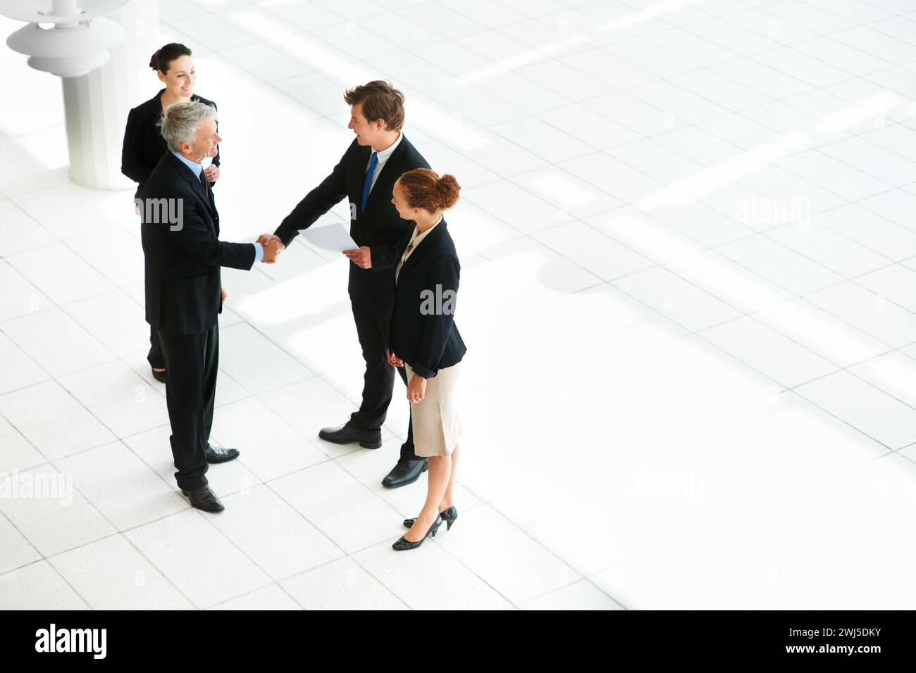 Business people, shaking hands and thank you for welcome in ...