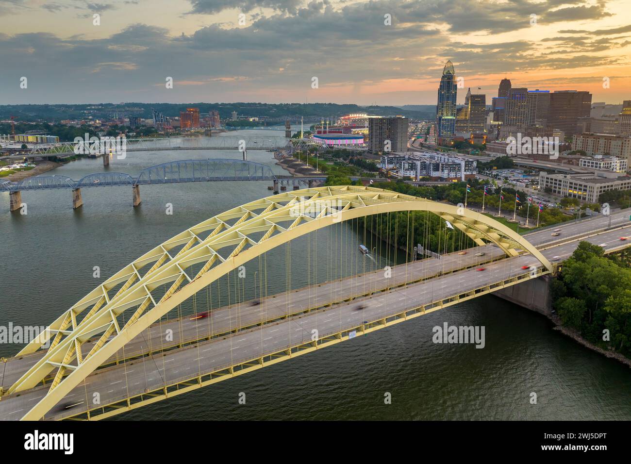 Aerial view of downtown district highway traffic in Cincinnati city ...