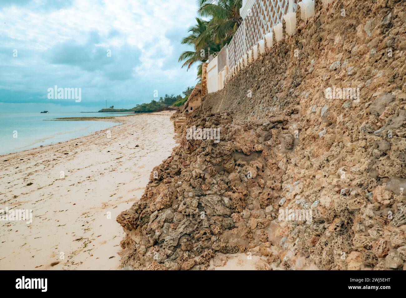 Coral wall made of blocks of textured and unique coral rocks at Malindi ...