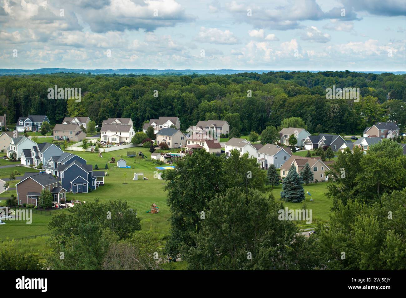 Aerial view of private residential houses in rural suburban sprawl area ...