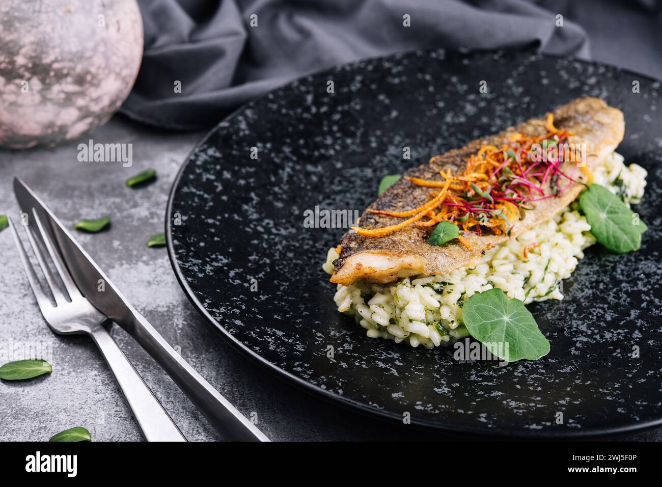 Baked white fish fillet served with steamed rice Stock Photo - Alamy