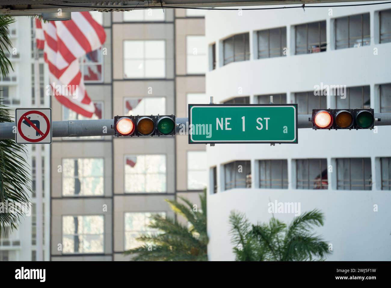 American street traffic light in Miami, Florida. USA transportation ...