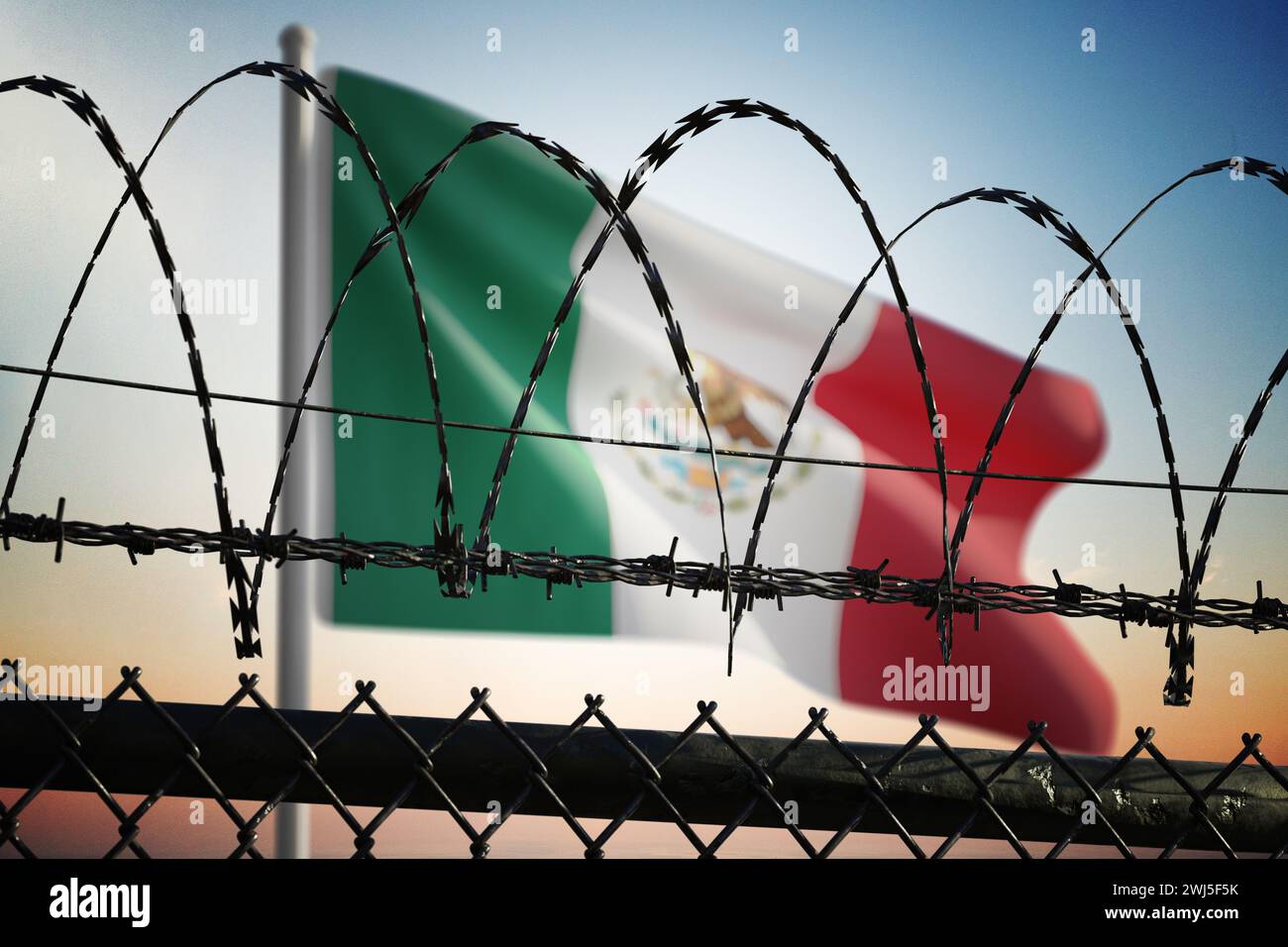Mexican flag behind barbed wire fence. Illegal immigration and security ...