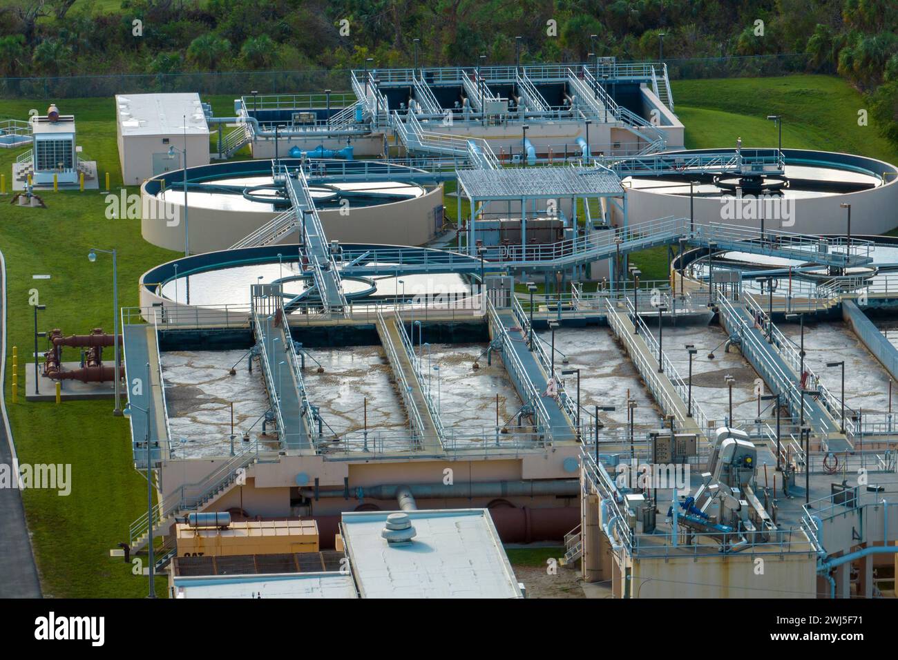 Aerial view of water treatment factory at city wastewater cleaning ...