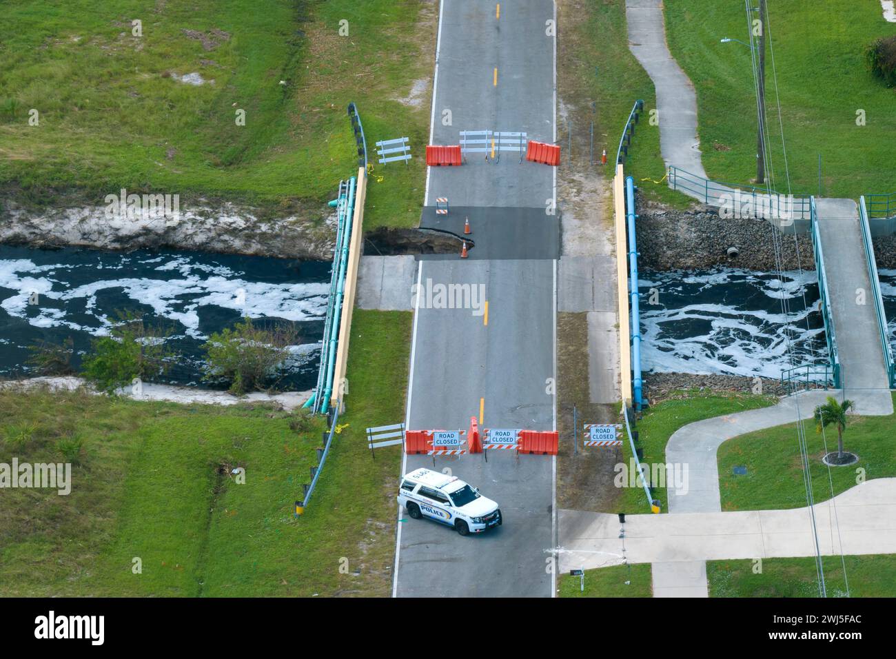 Repair of destroyed bridge after hurricane flood in Florida ...