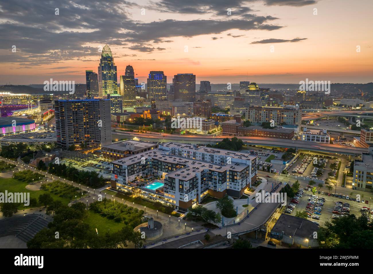 Cincinnati Ohio USA night urban landscape. Downtown district skyline ...