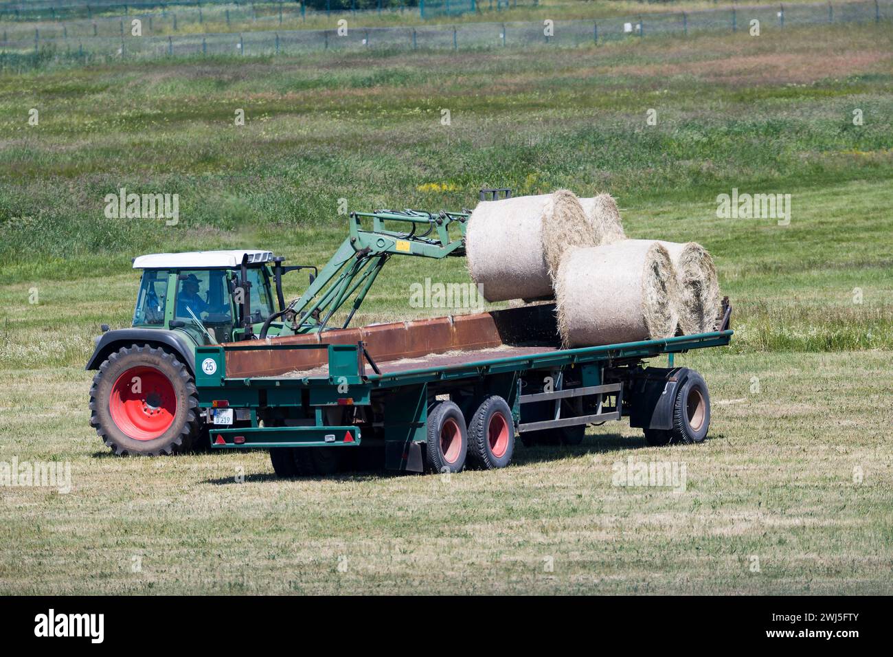 Farmer with tractor harvesting hay Stock Photo - Alamy