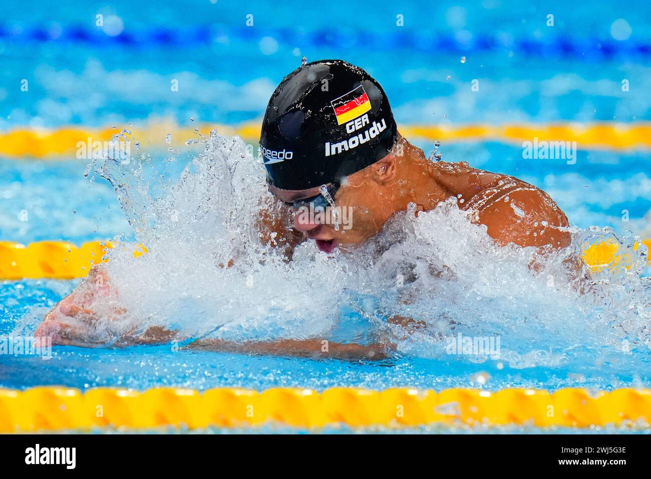 Melvin Imoudu of Germany in the men's 50-meter breaststroke heat at the ...
