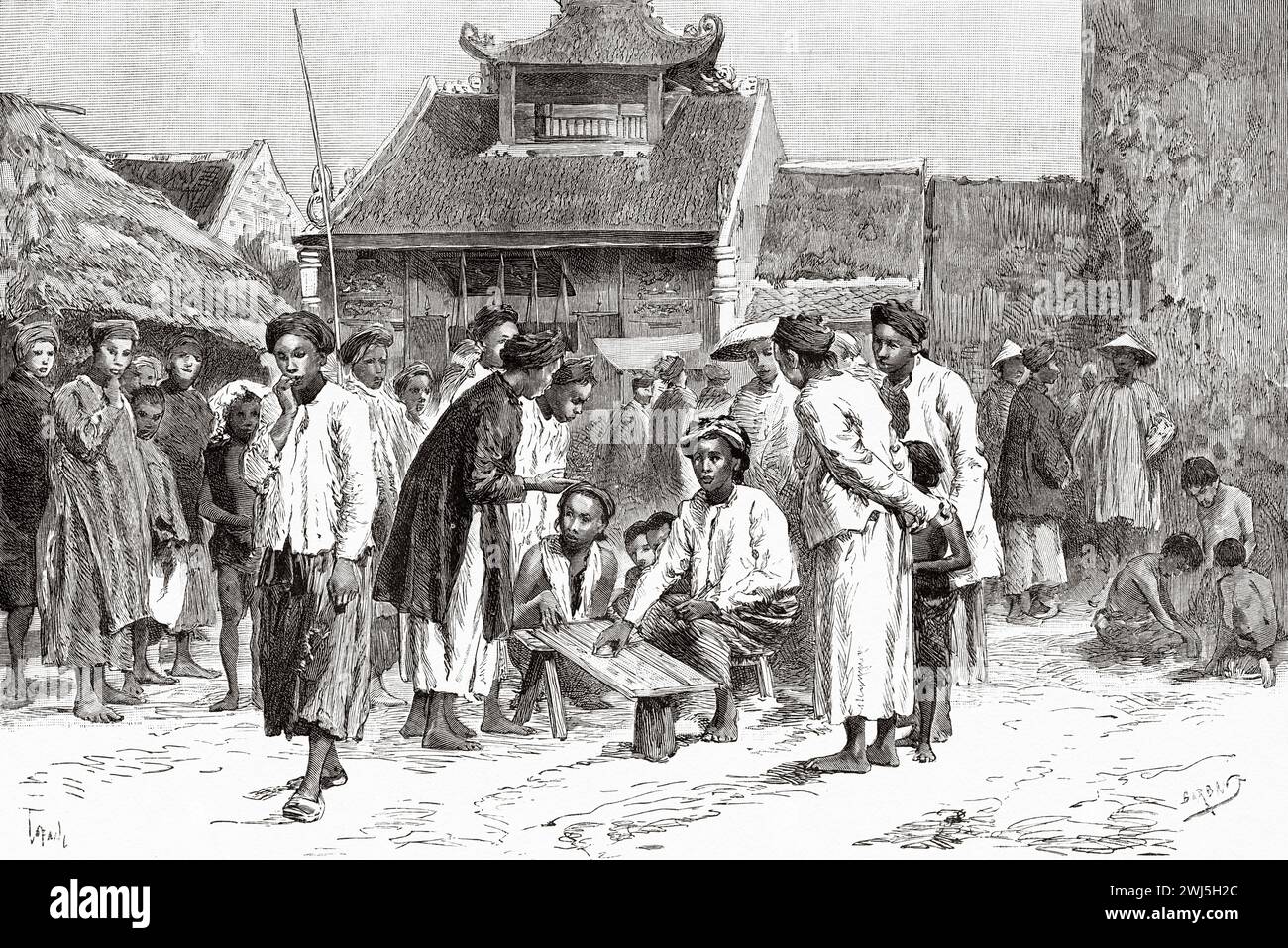 Game of the sapeque on a street of Nam Dinh. Tonkin, French Indochina ...