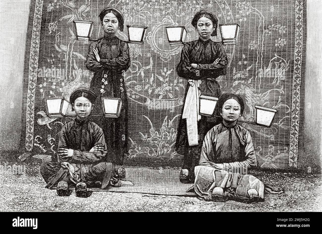 Female dancers in traditional Vietnamese costume. Tonkin, French ...
