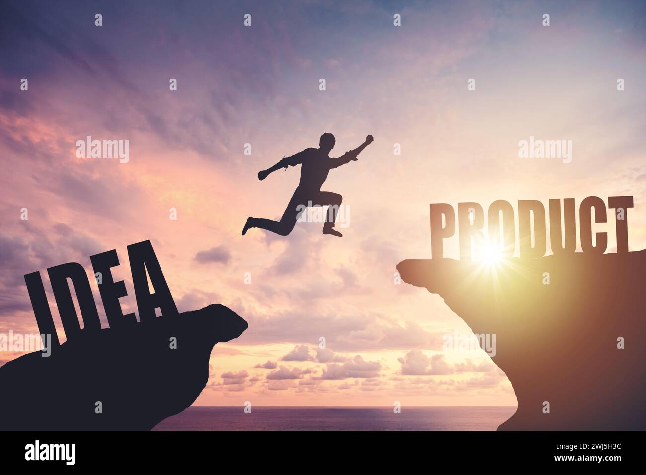 Silhouette of a man jumping from cliff to cliff, business and success ...