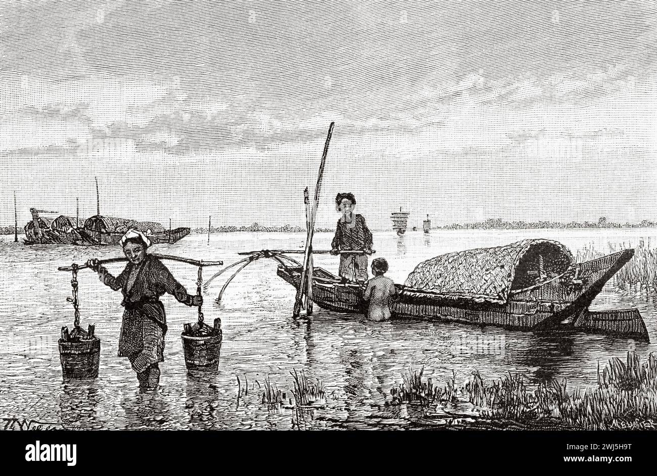 Traditional Vietnamese boat. Sampan on a river. Tonkin, French ...