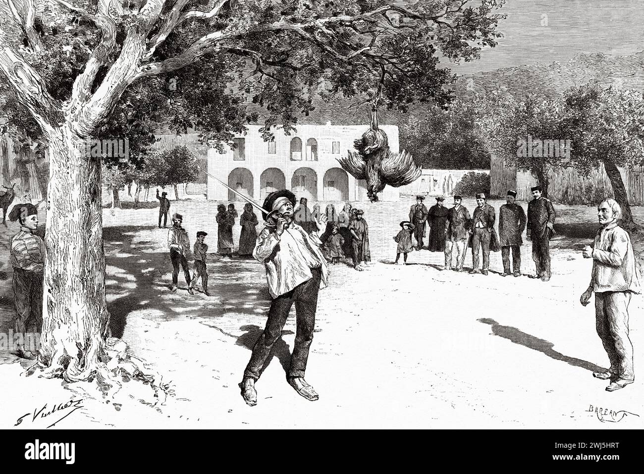 Ancient traditional festival of beheading roosters hanging from ropes ...