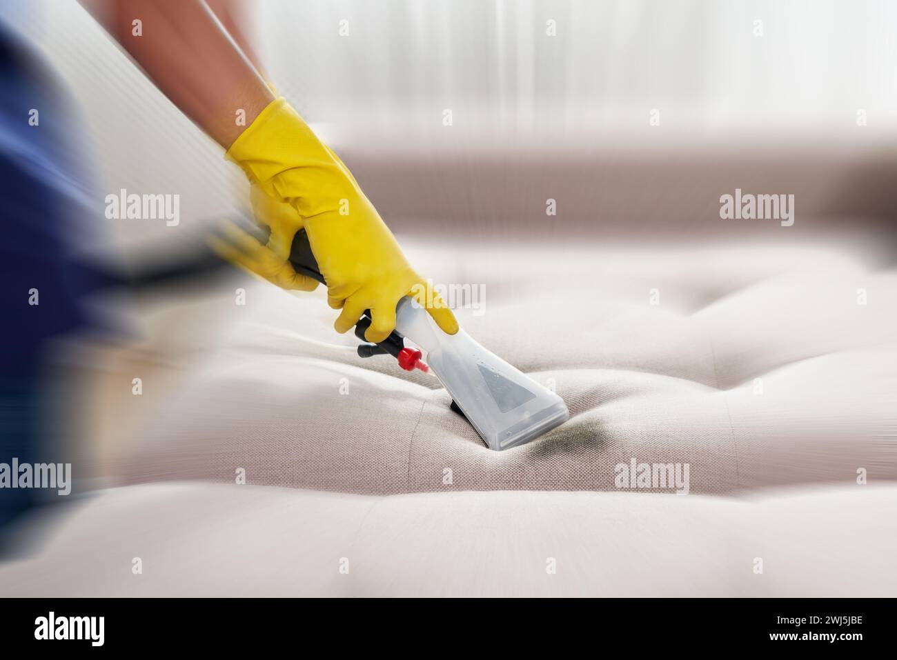 Close-up of housekeeper holding modern washing vacuum cleaner and ...