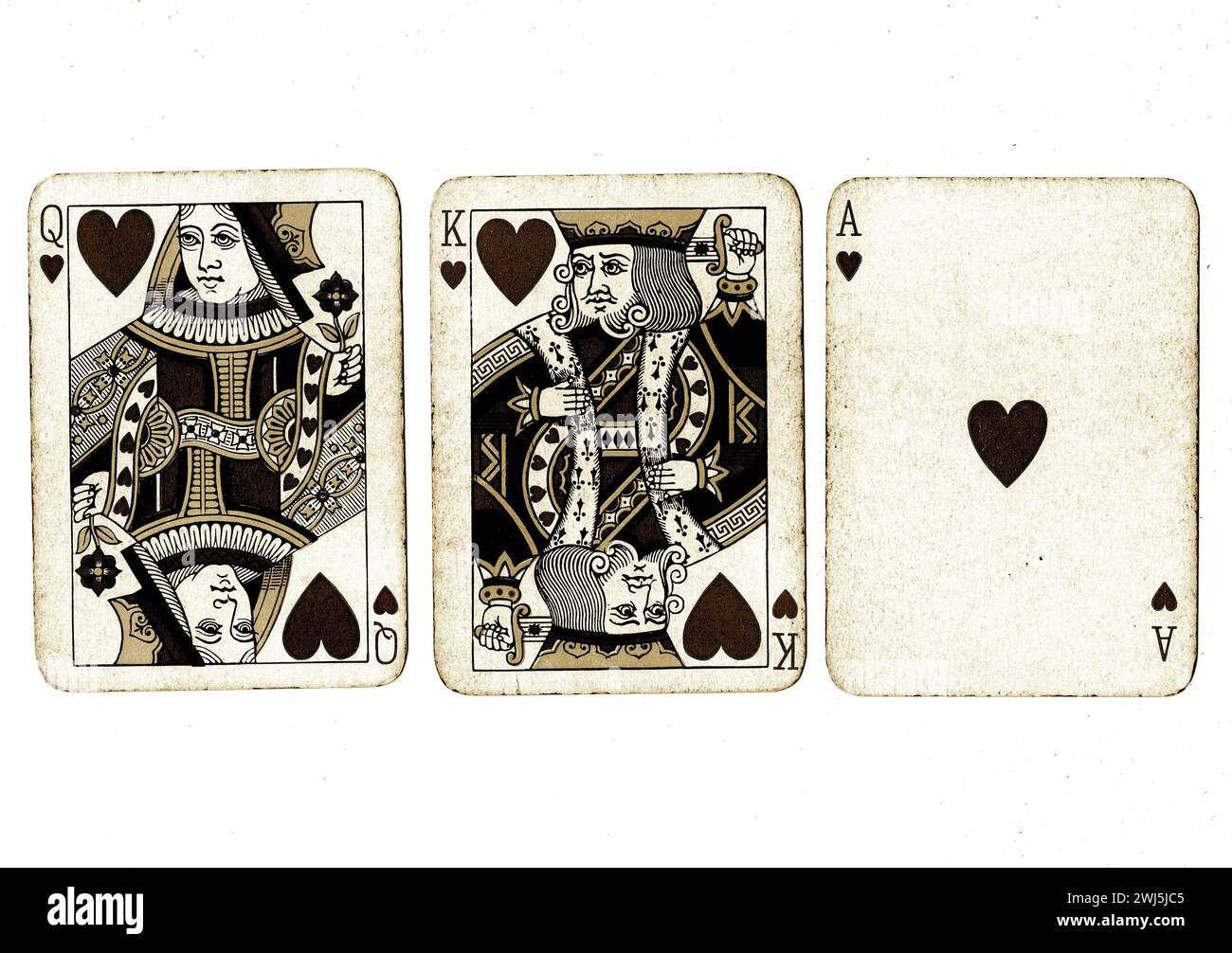 Vintage playing cards showing a jack, queen and king in sepia isolated ...