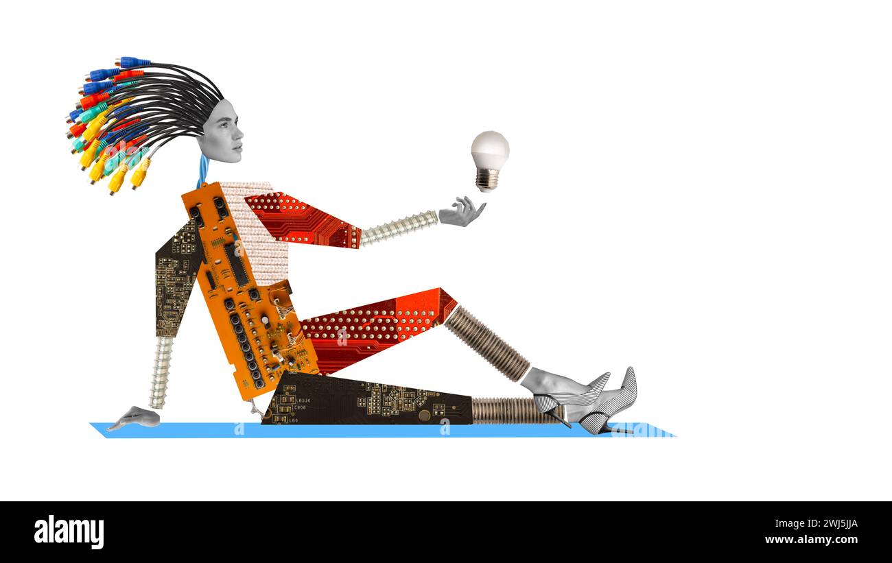 Contemporary art collage. Person, biorobot with cable hair, circuit ...