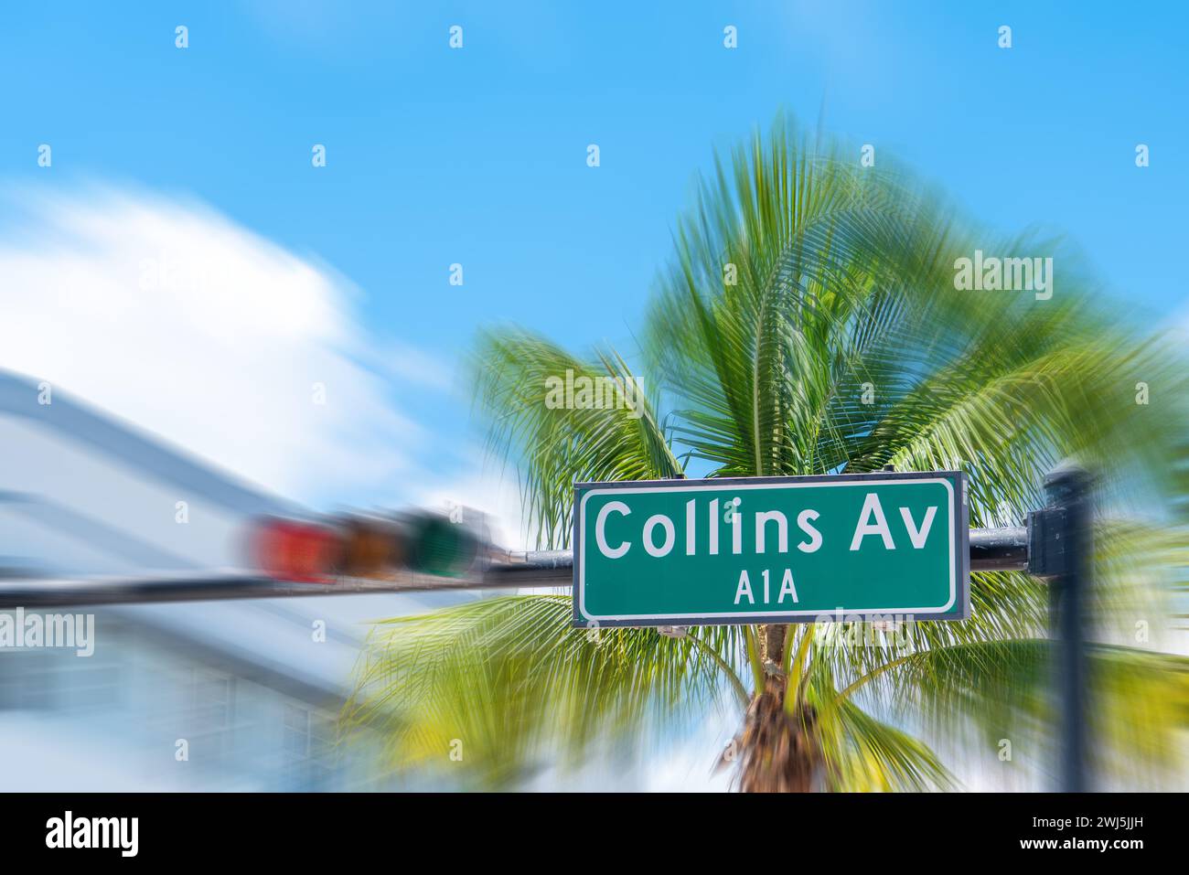 Street sign of famous Collins Avenue, Miami, Florida, USA with motion ...