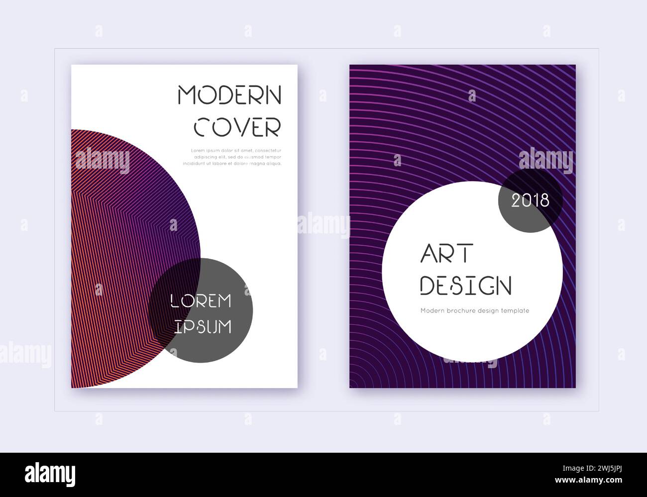 Trendy cover design template set. Violet abstract lines on dark ...