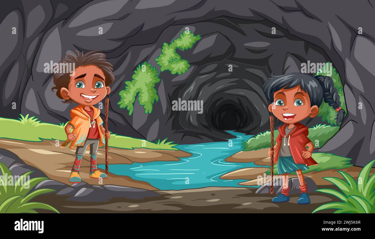 Two children ready for an adventure near a cave Stock Vector Image ...