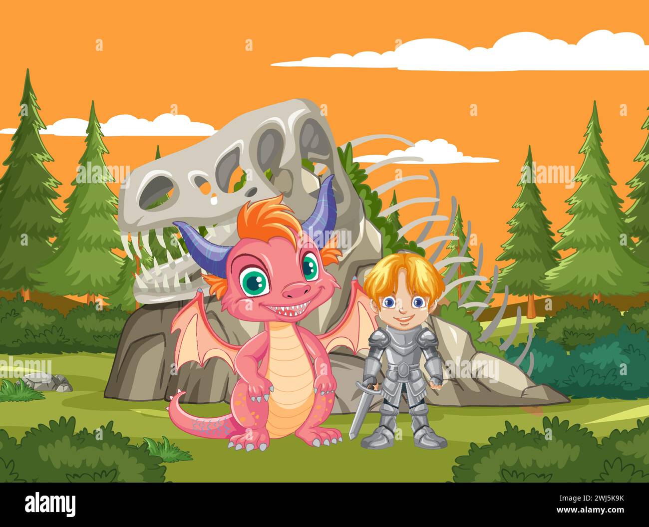 A smiling dragon and knight standing together outdoors Stock Vector ...