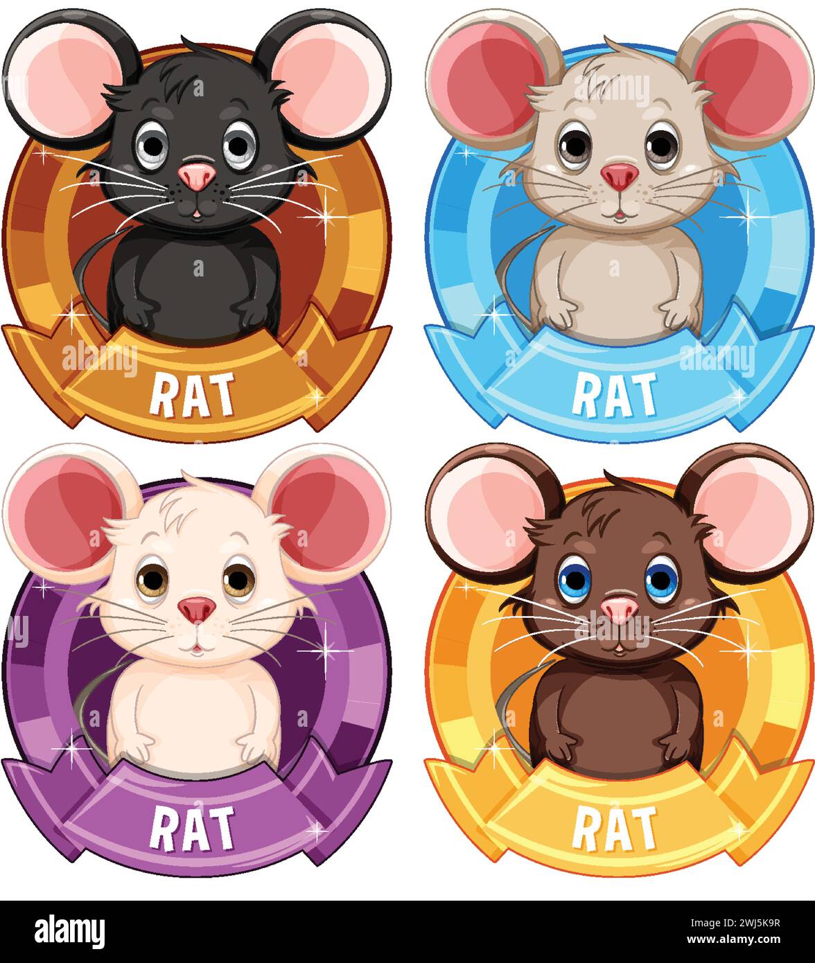 Four cute cartoon rats with vibrant badge backgrounds Stock Vector ...