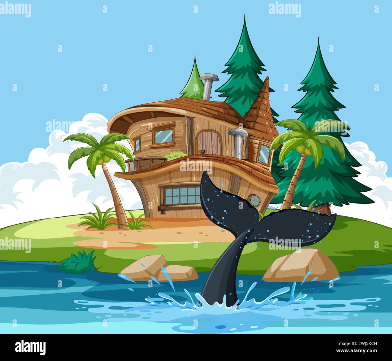 Cartoon island with a house and whale tail splash Stock Vector Image ...