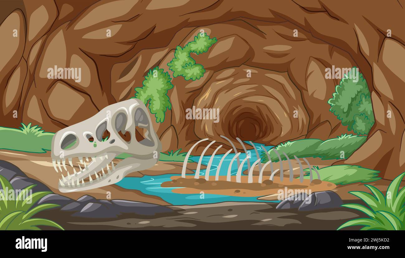 Vector illustration of dinosaur skeleton in a cave Stock Vector Image ...