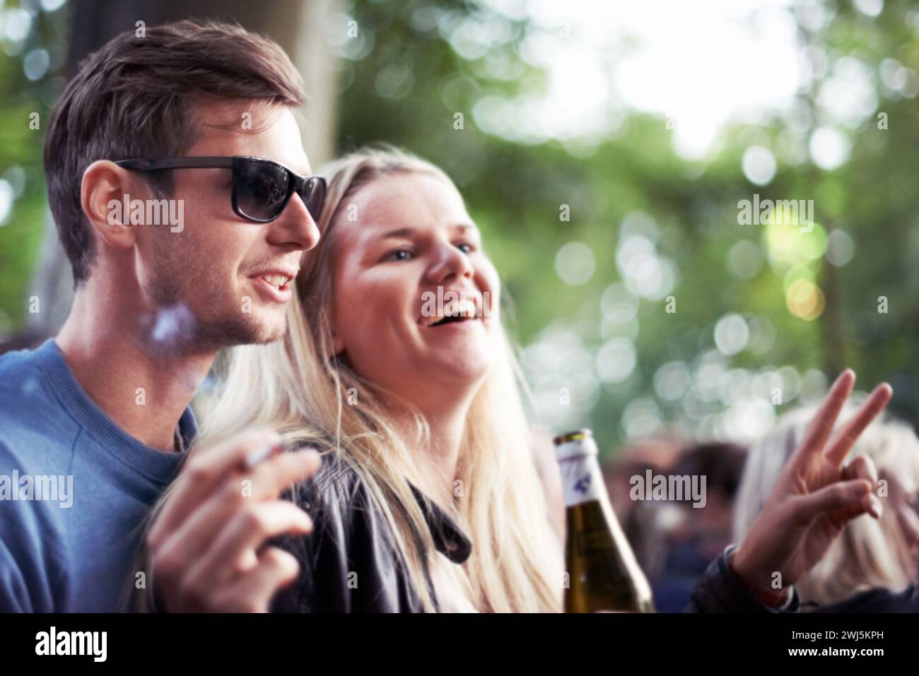 Outdoor, smile and excited with couple, festival and cheerful with ...
