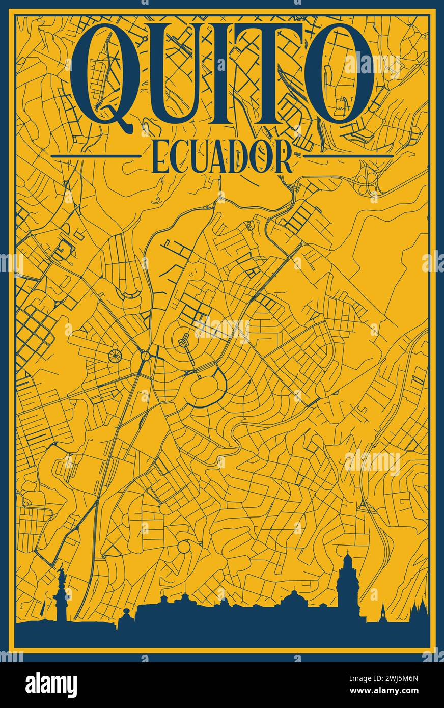 Road network and skyline poster of the downtown QUITO, ECUADOR Stock ...