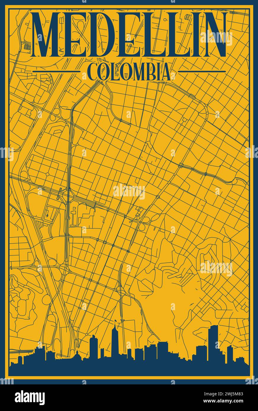 Road network and skyline poster of the downtown MEDELLIN, COLOMBIA ...