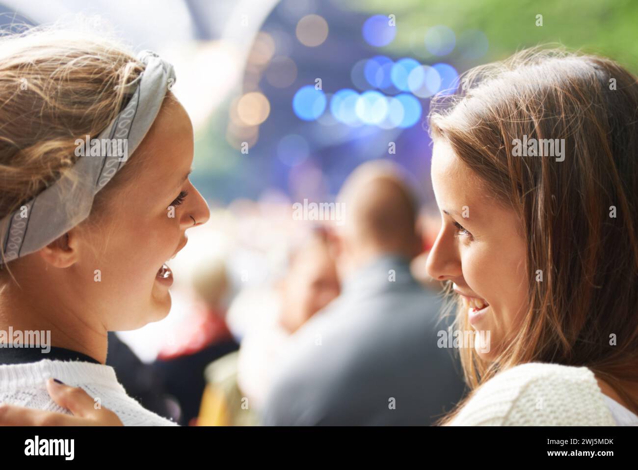 Happy, friends and women at music festival, concert or party for social ...