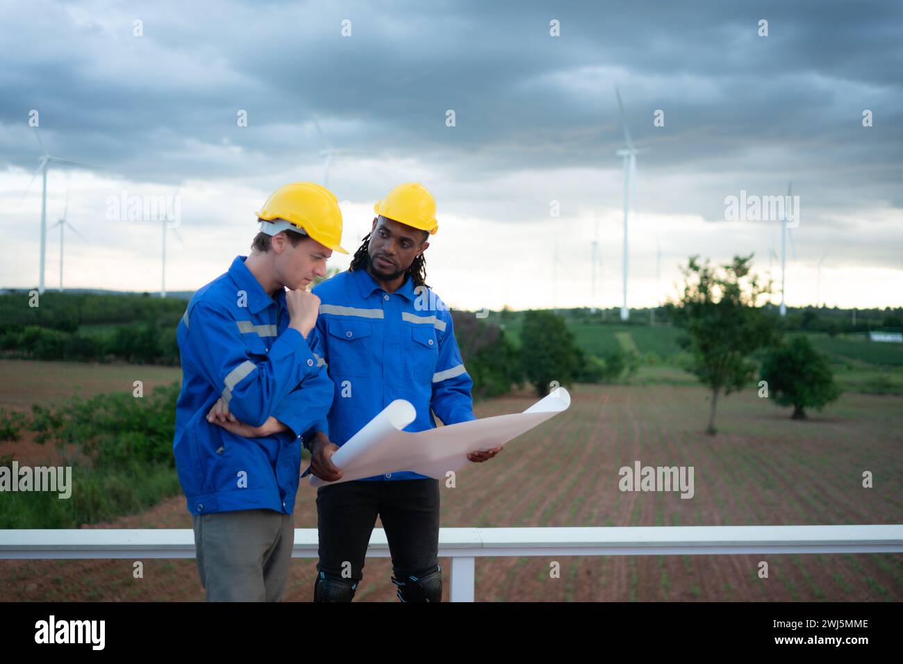 Back view of engineer and technician looking at wind turbines in the ...