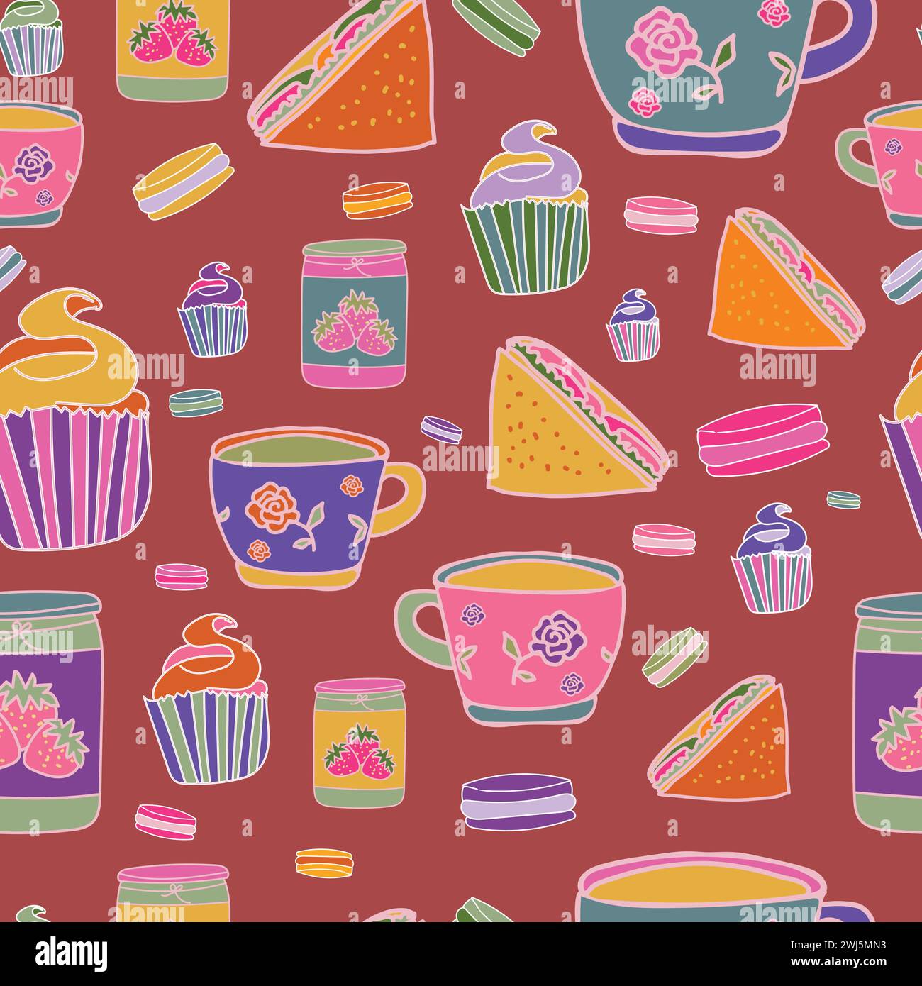 vector hand drawn garden tea party elements seamless pattern perfect ...