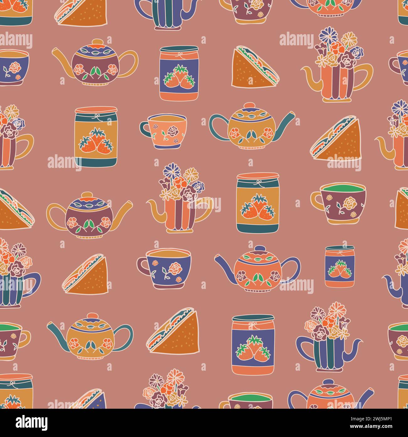 vector hand drawn garden tea party elements seamless pattern perfect ...