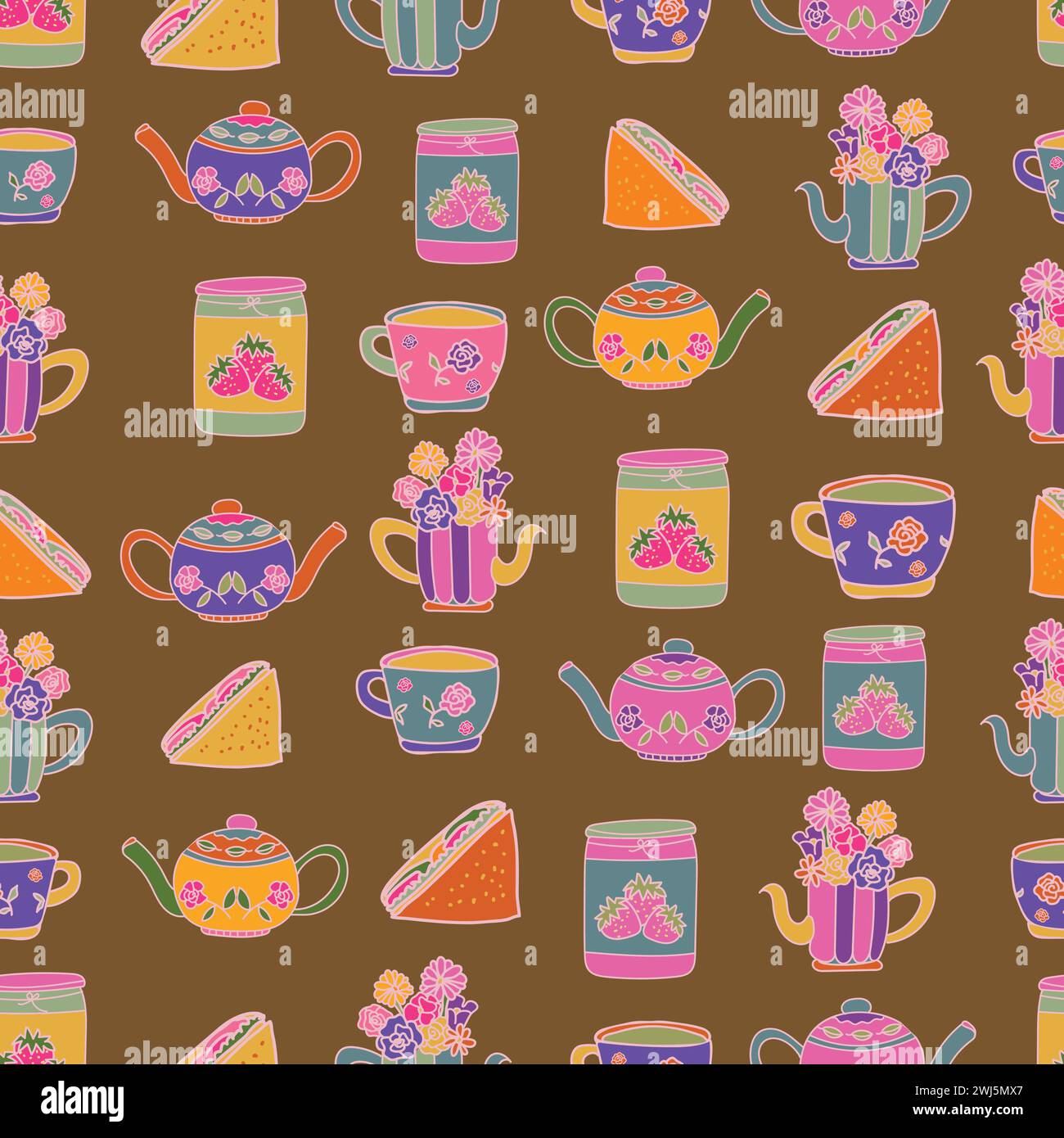 vector hand drawn garden tea party elements seamless pattern perfect ...