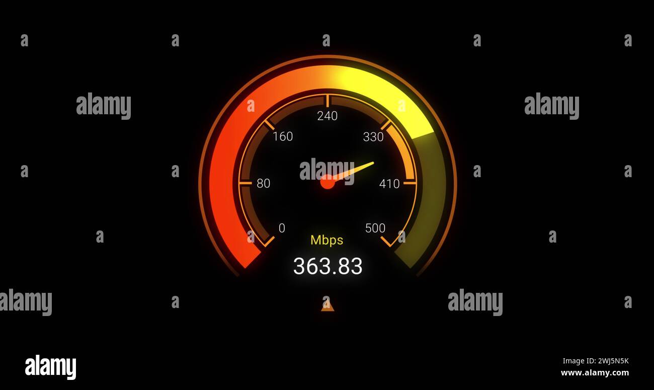 Image of orange speedometer over black background Stock Photo - Alamy