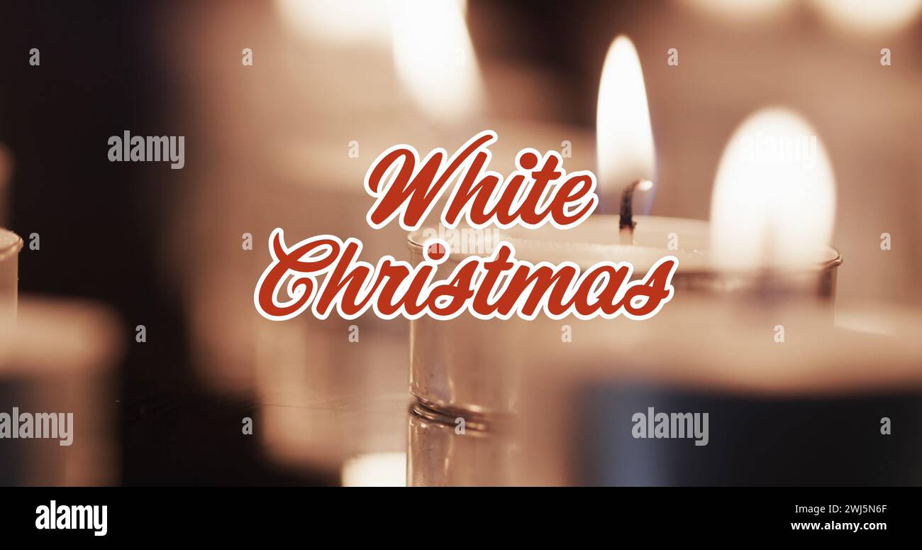 Image of white christmas text over lit candles background Stock Photo ...