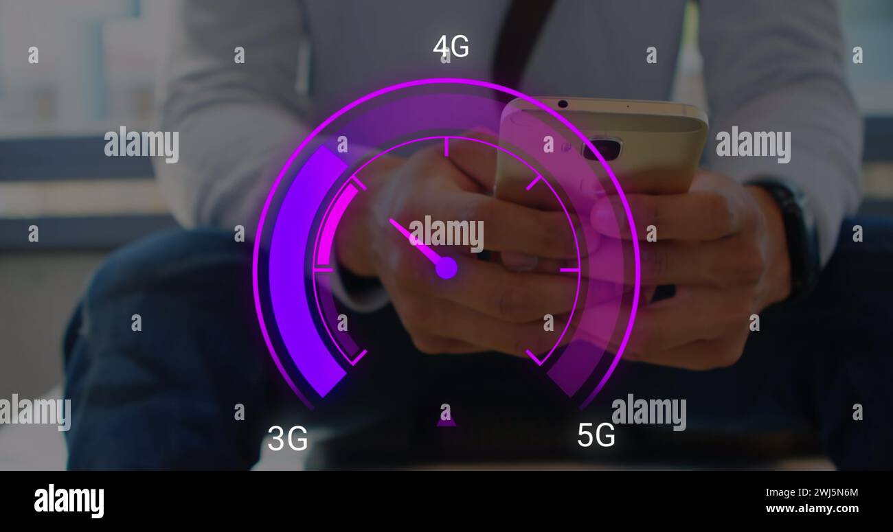 Image of purple speedometer over hands of caucasian businessman using ...