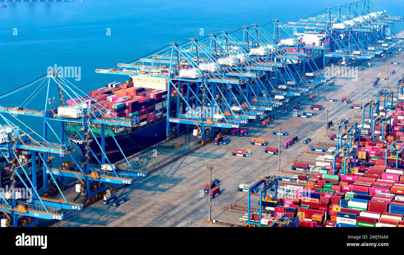 Aerial photo shows the Qianwan Container Terminal in Qingdao City, east ...