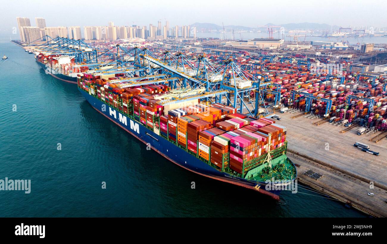 Aerial photo shows the Qianwan Container Terminal in Qingdao City, east ...