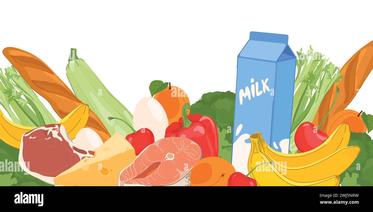 Vector healthy food in flat style. Products from the supermarket - milk, bread, meat, fish ...