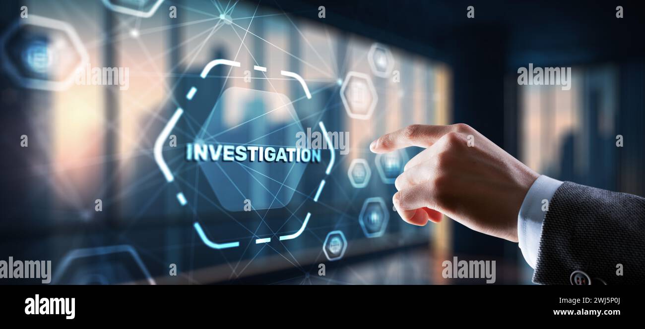 Investigation Business concept. Man presses investigations button on a ...