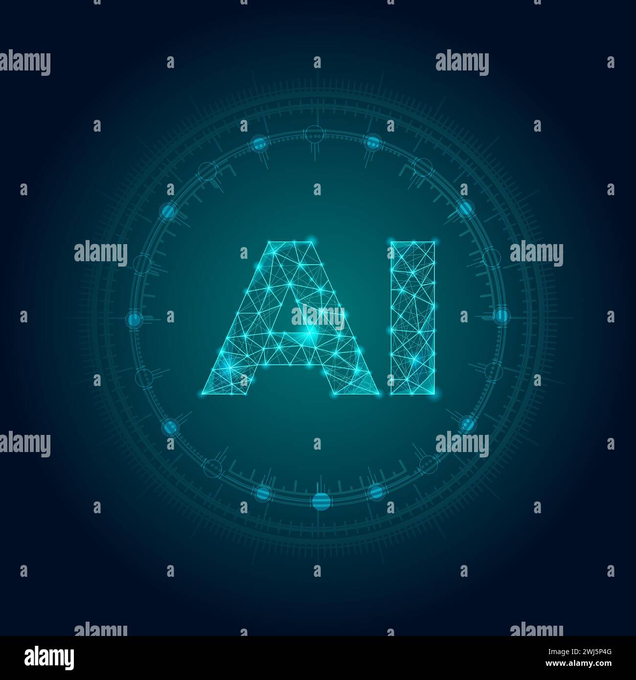 Wireframe letters AI with a circular digital interface on dark ...