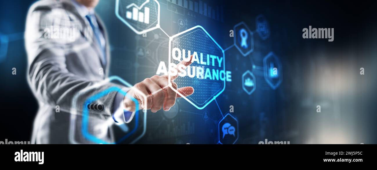 QA Businessman pressing Quality assurance button on virtual screens ...
