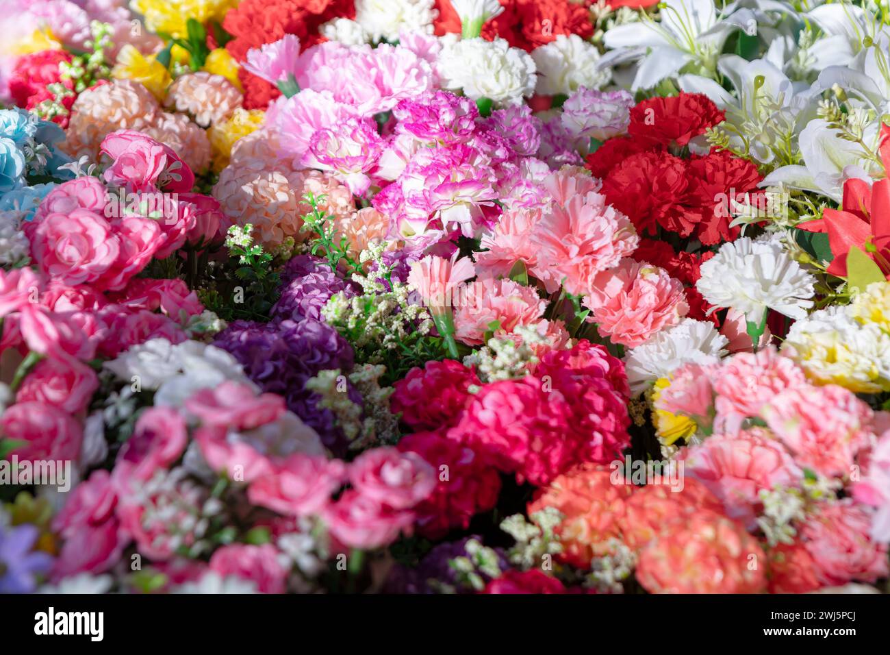 Colorful artificial flowers background, in bloom Stock Photo - Alamy