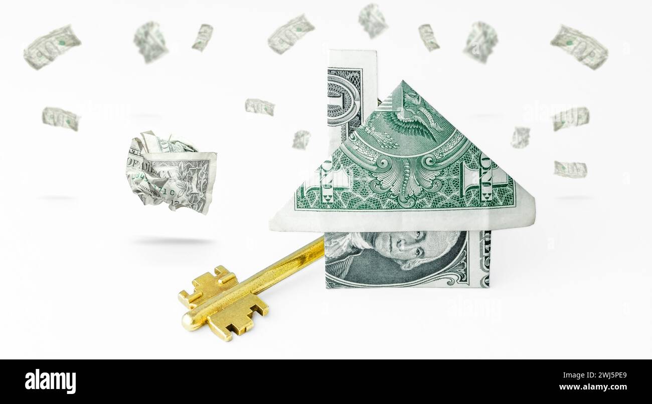 Home and money. House made from one dollar bill on grey background ...