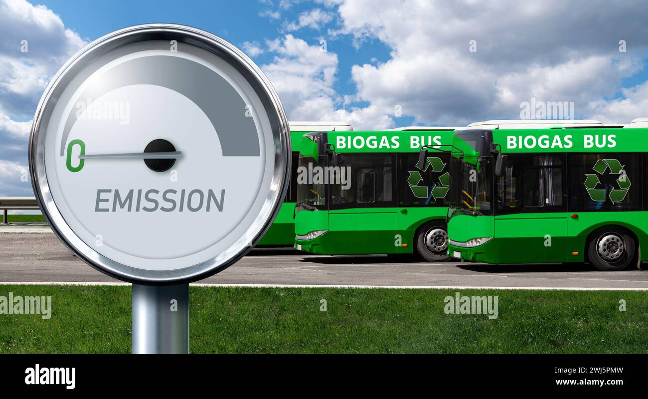 Gauge with inscription EMISSION. Arrow points to zero. Green buses on a ...
