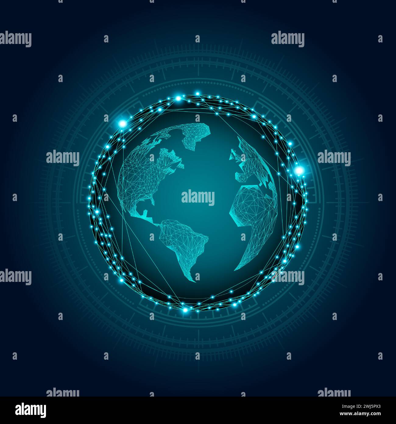 Wireframe globe with circular interface elements. International data ...