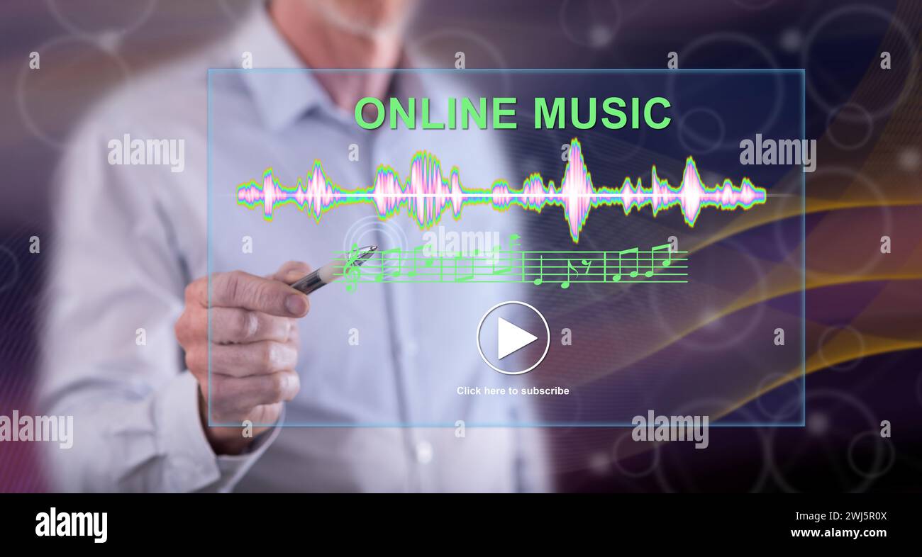 Man touching an online music concept on a touch screen with a pen Stock ...